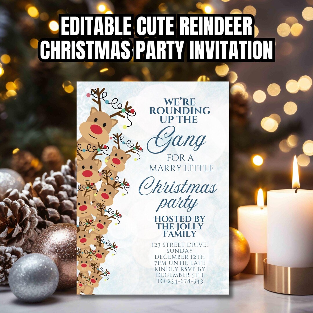 Editable Cute Reindeer Christmas Party Invitation - Rudolph Themed ...