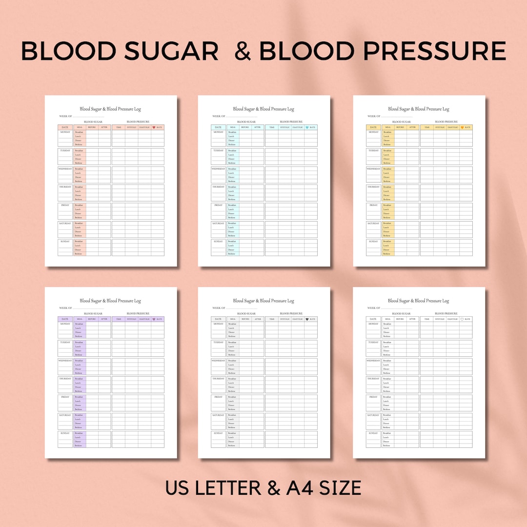 Printable Blood Sugar and Blood Pressure Tracker, Daily Weekly Blood ...
