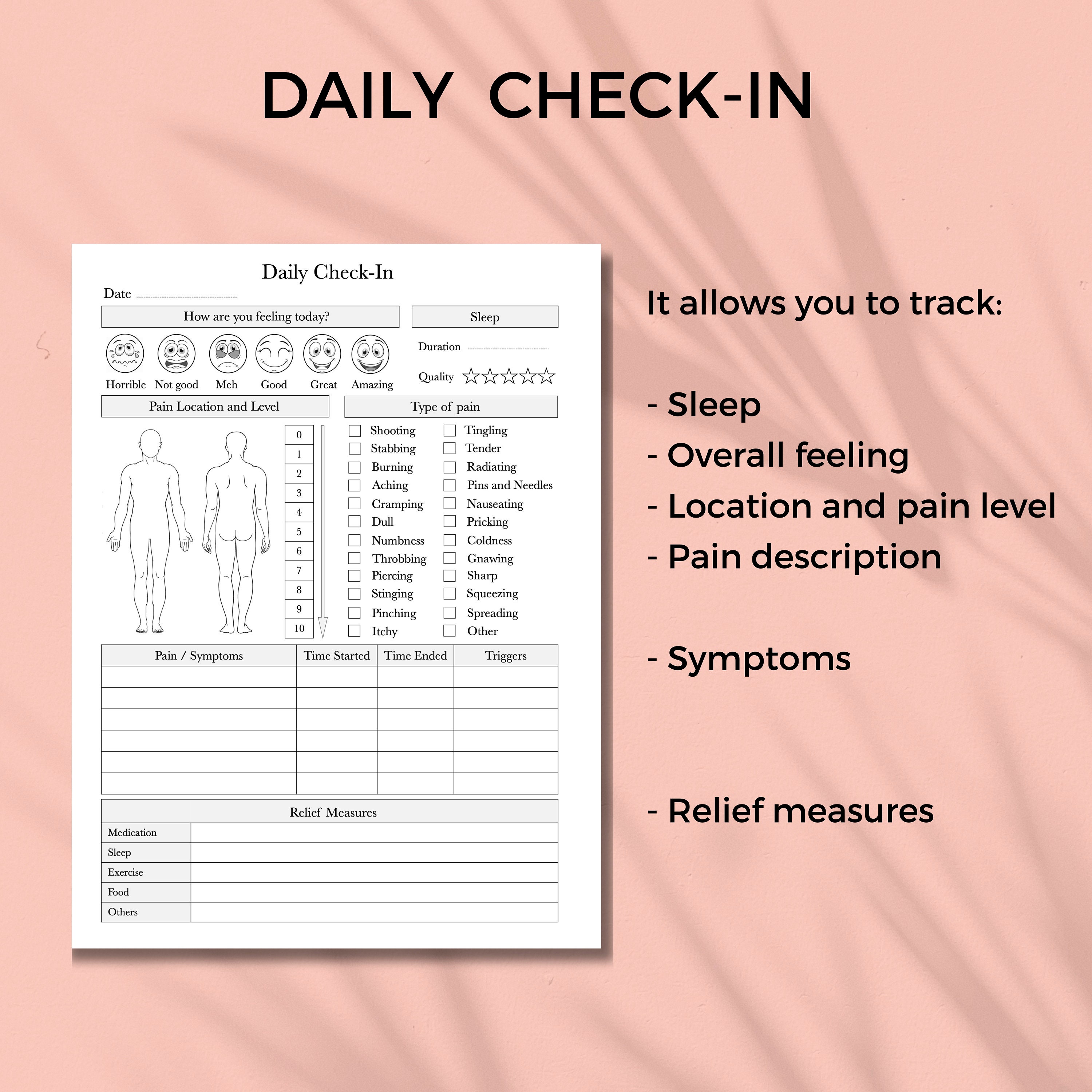 Printable Chronic Pain Tracker, Daily Pain Journal, Pain Log ...