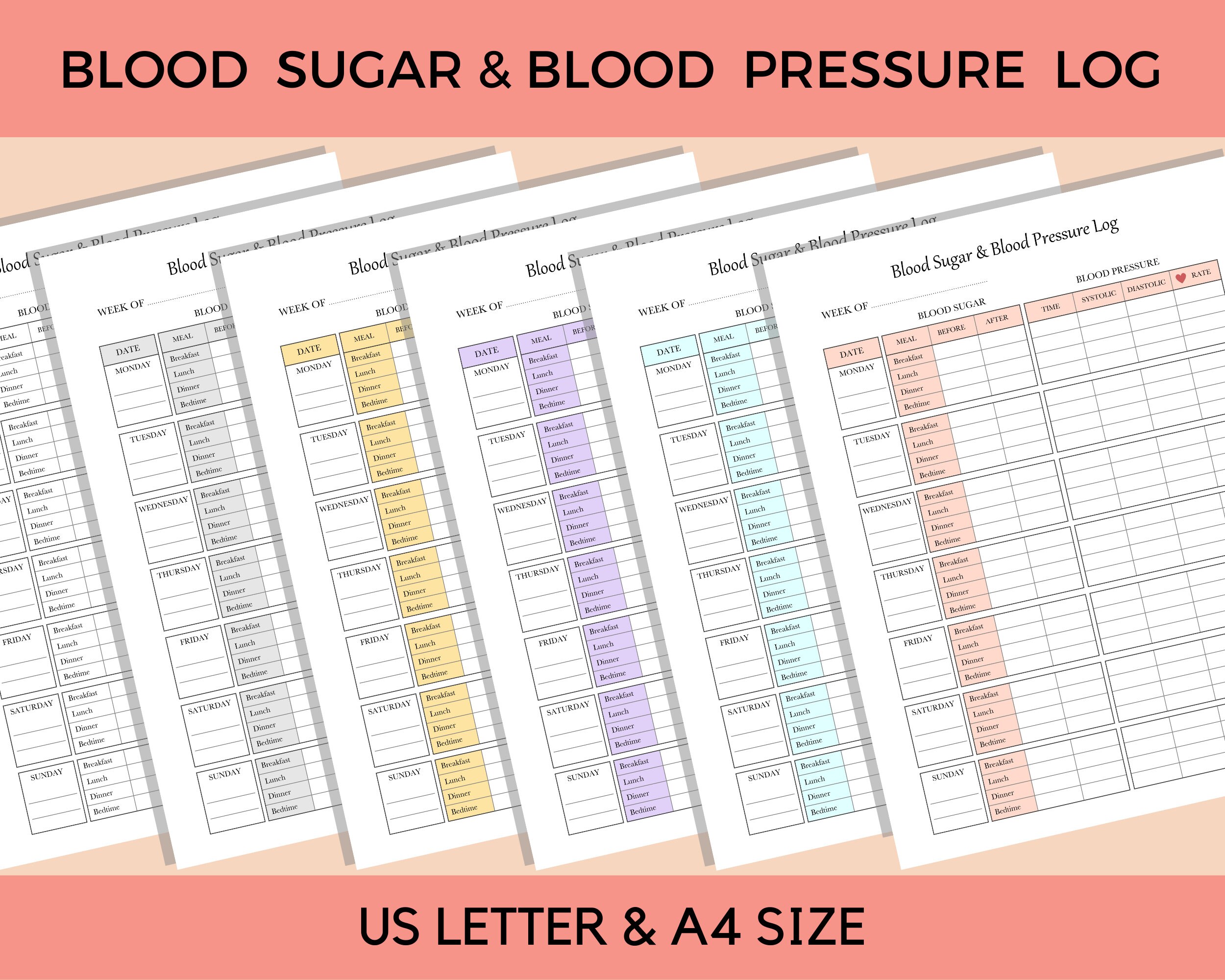 Printable Blood Sugar and Blood Pressure Tracker, Daily Weekly Blood ...