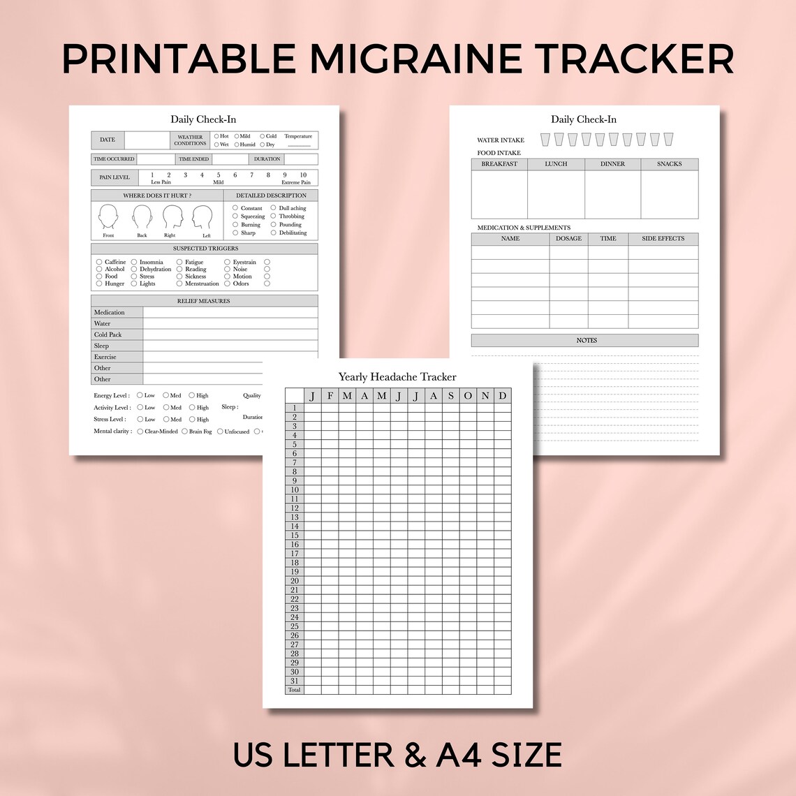 Printable Migraine Tracker, Headache Journal, Migraine Log, US Letter ...