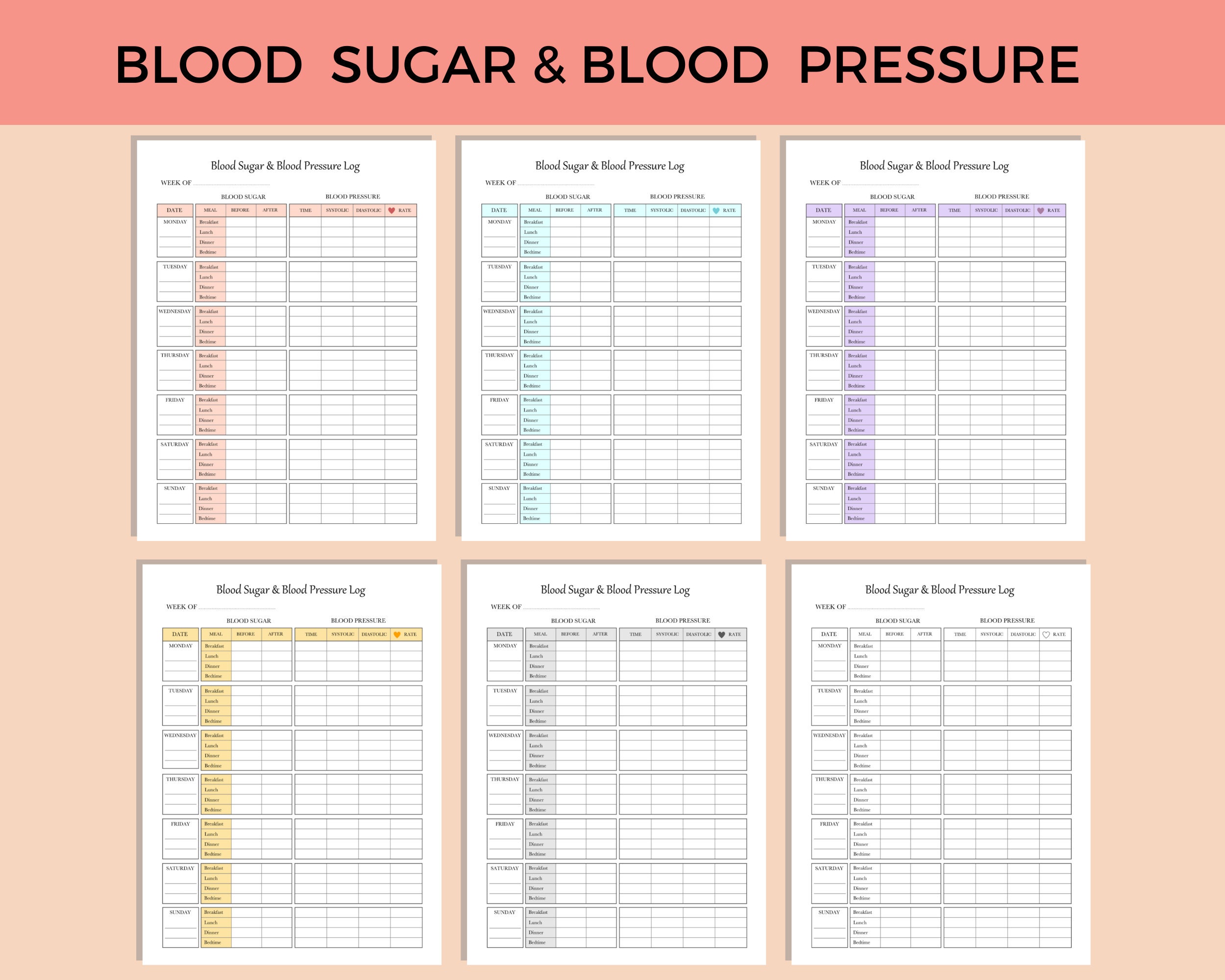 Printable Blood Sugar and Blood Pressure Tracker, Daily Weekly Blood ...