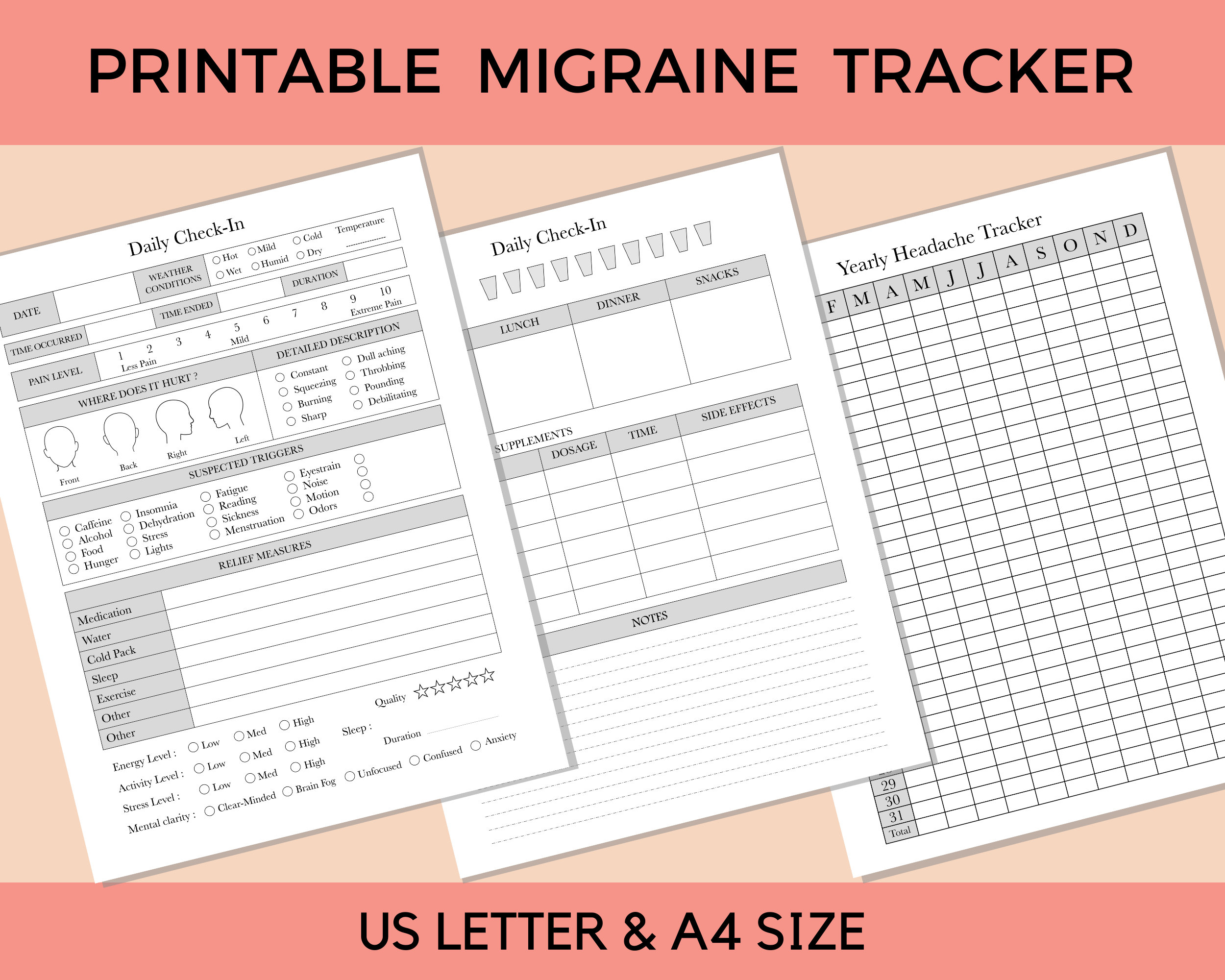Printable Migraine Tracker, Headache Journal, Migraine Log, US Letter ...