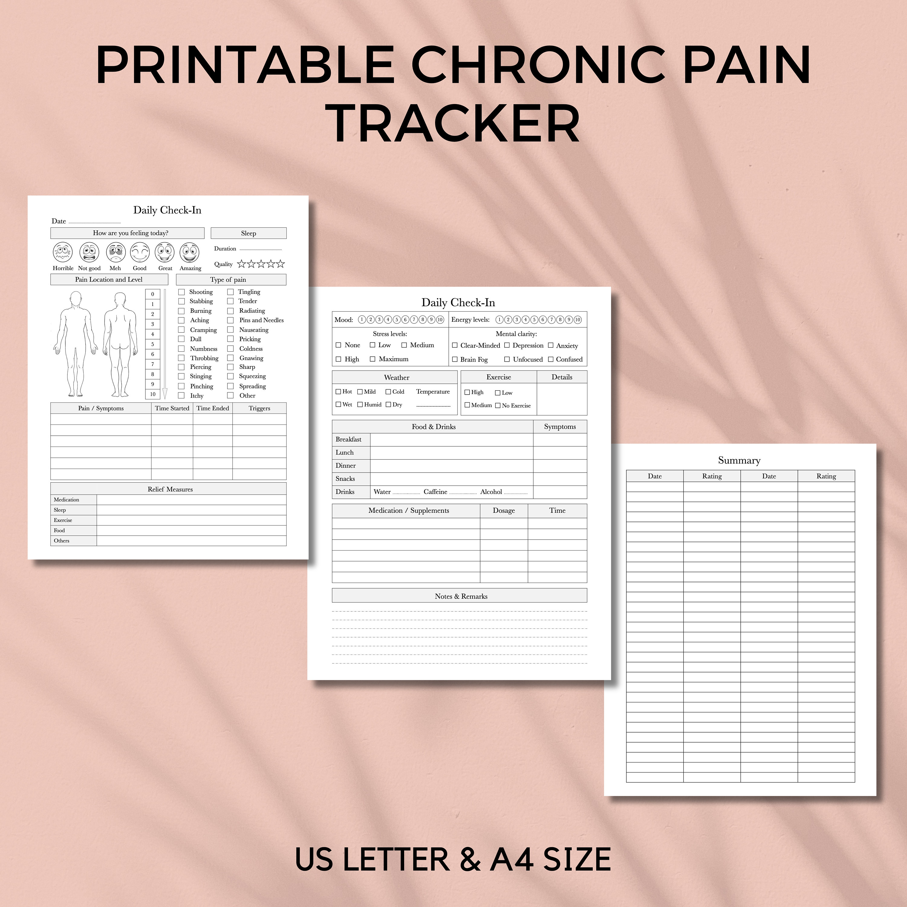 Printable Chronic Pain Tracker, Daily Pain Journal, Pain Log ...
