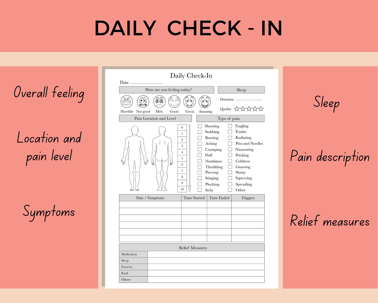 Printable Chronic Pain Tracker, Daily Pain Journal, Pain Log ...