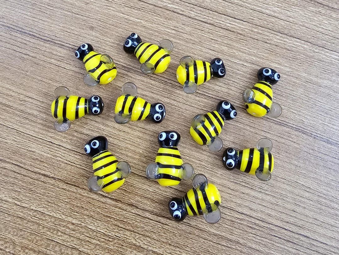 6pc, Handmade Bee Beads, Glass Bumble Bee Bead, Lampwork Honeybee Bead ...