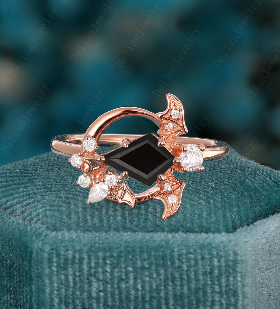 Unique Coffin Cut Black Onyx Engagement Ring Rose Gold Demon Vampire ...