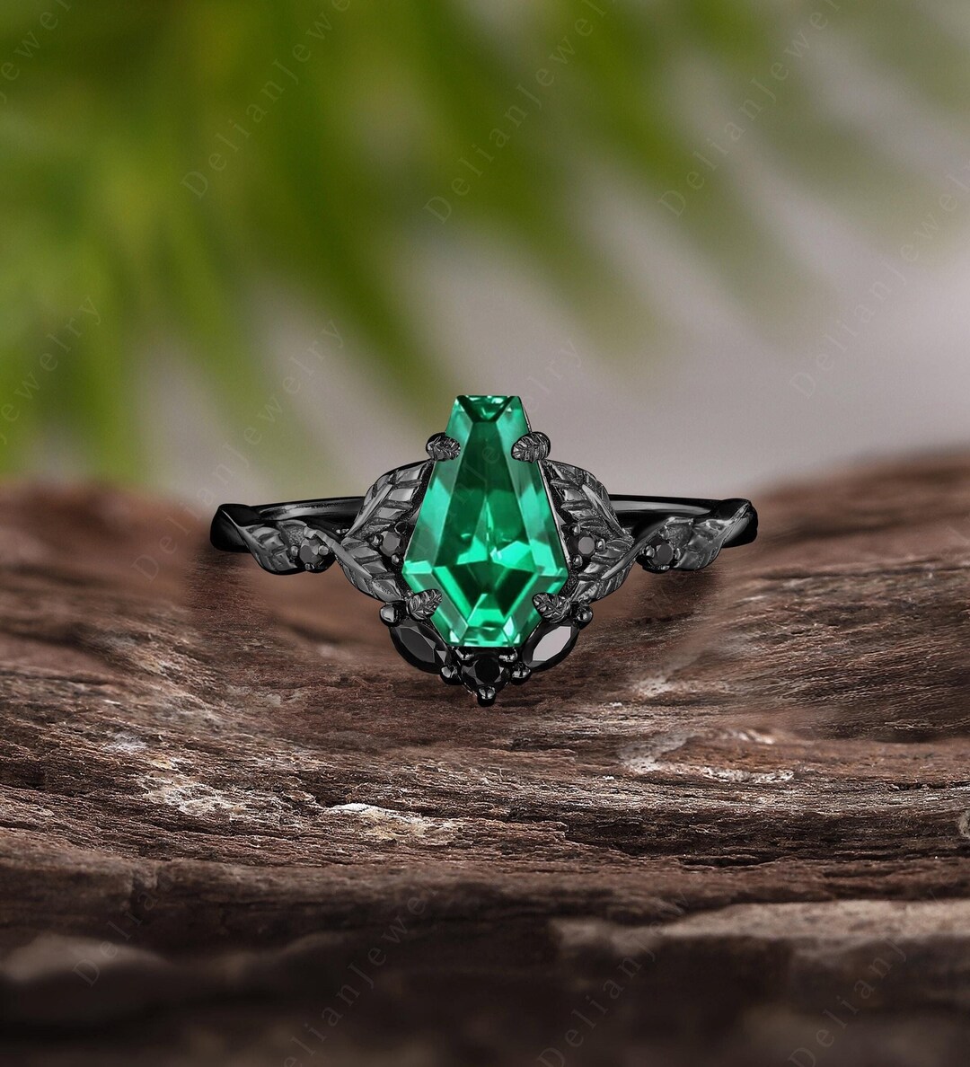 Gothic Coffin Emerald Engagement Ring Vintage Black Gold Leaf Stacking ...