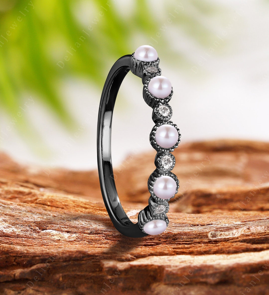 Gothic Black Gold Pearl Wedding Bands Women Rose Pearl Matching Wedding ...