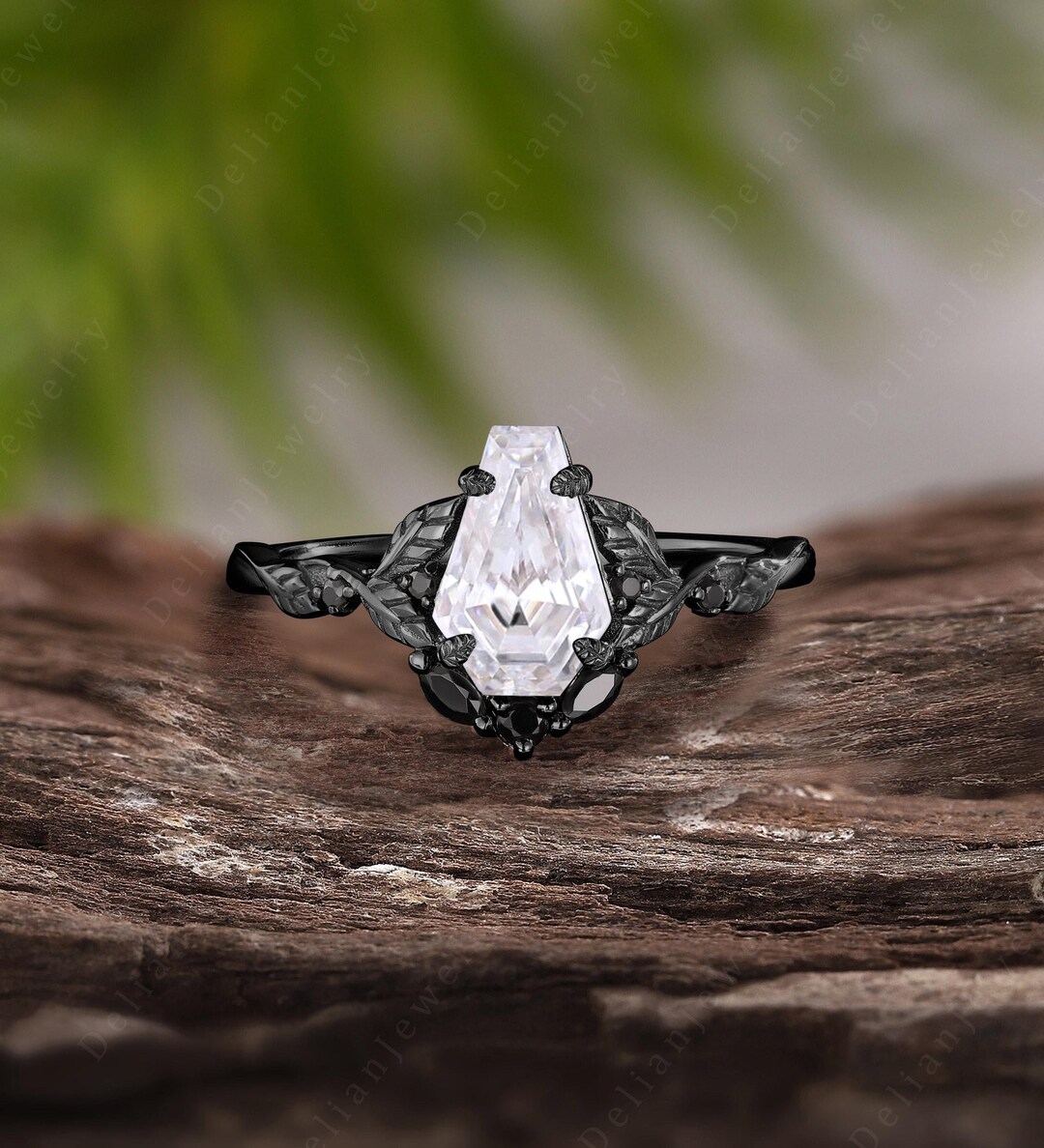 Gothic Coffin Moissanite Engagement Ring Vintage Black Gold Leaf ...