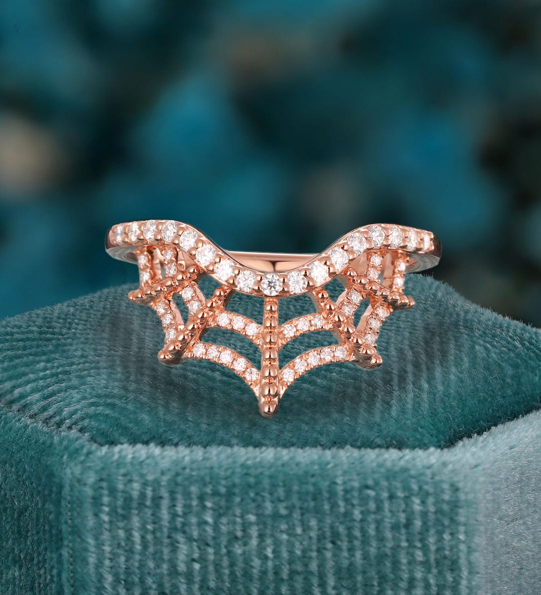 Unique Spider Web Moissanite Wedding Band 14K Rose Gold Art Deco ...