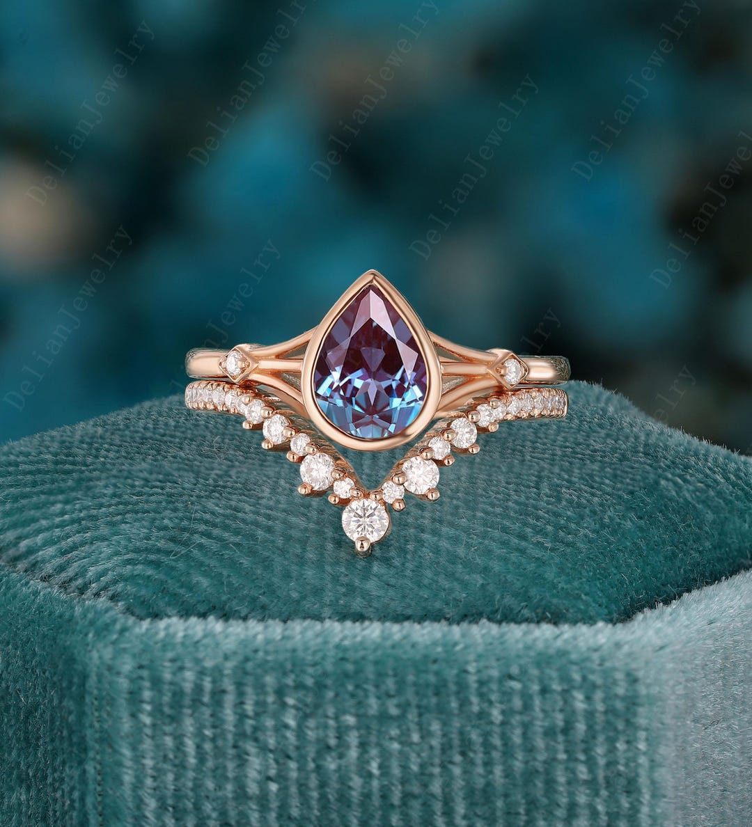 Unique Alexandrite Engagement Ring Set Pear Shaped Alexandrite Bridal ...