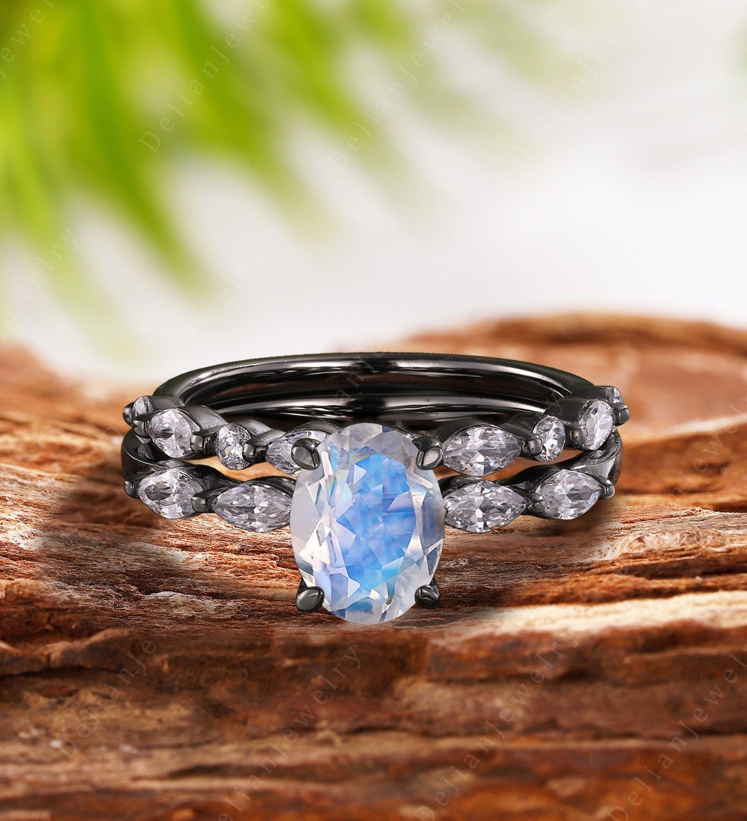 Natural Oval Moonstone Engagement Ring Set, Gothic Black Gold Ring Set ...