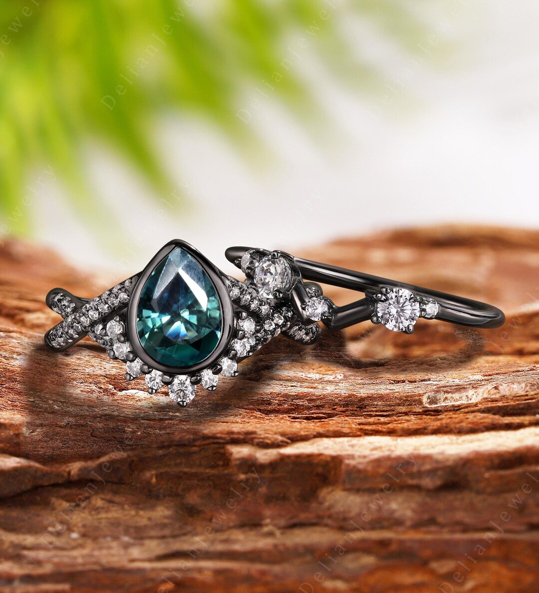 Gothic Teal Sapphire Engagement Ring Set, Vintage Black Gold Branch ...