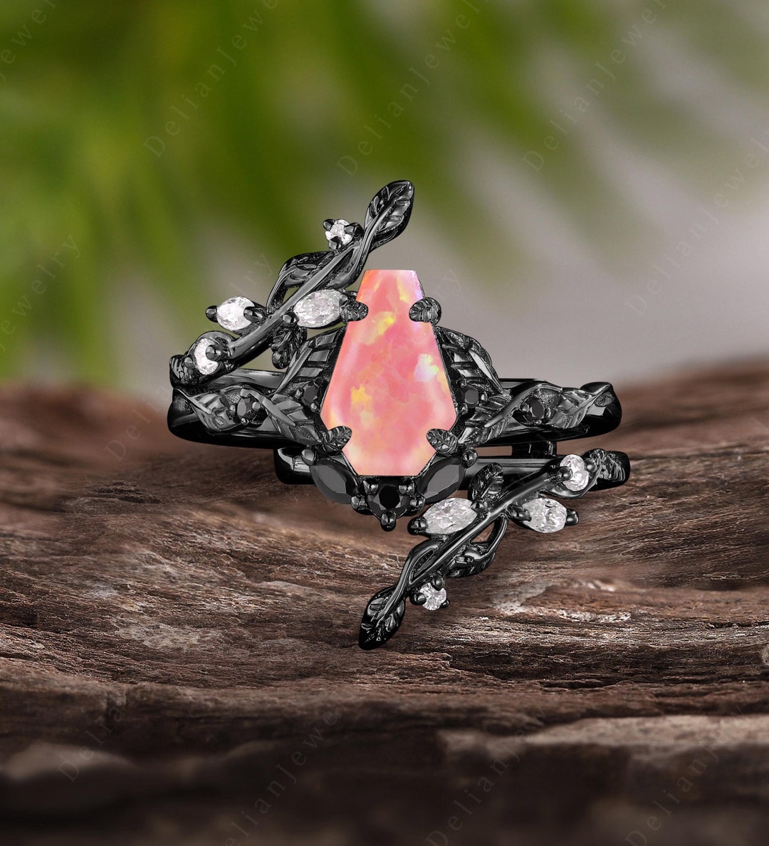 Gothic Coffin Pink Opal Engagement Ring Vintage 14 Black Gold Cluster ...