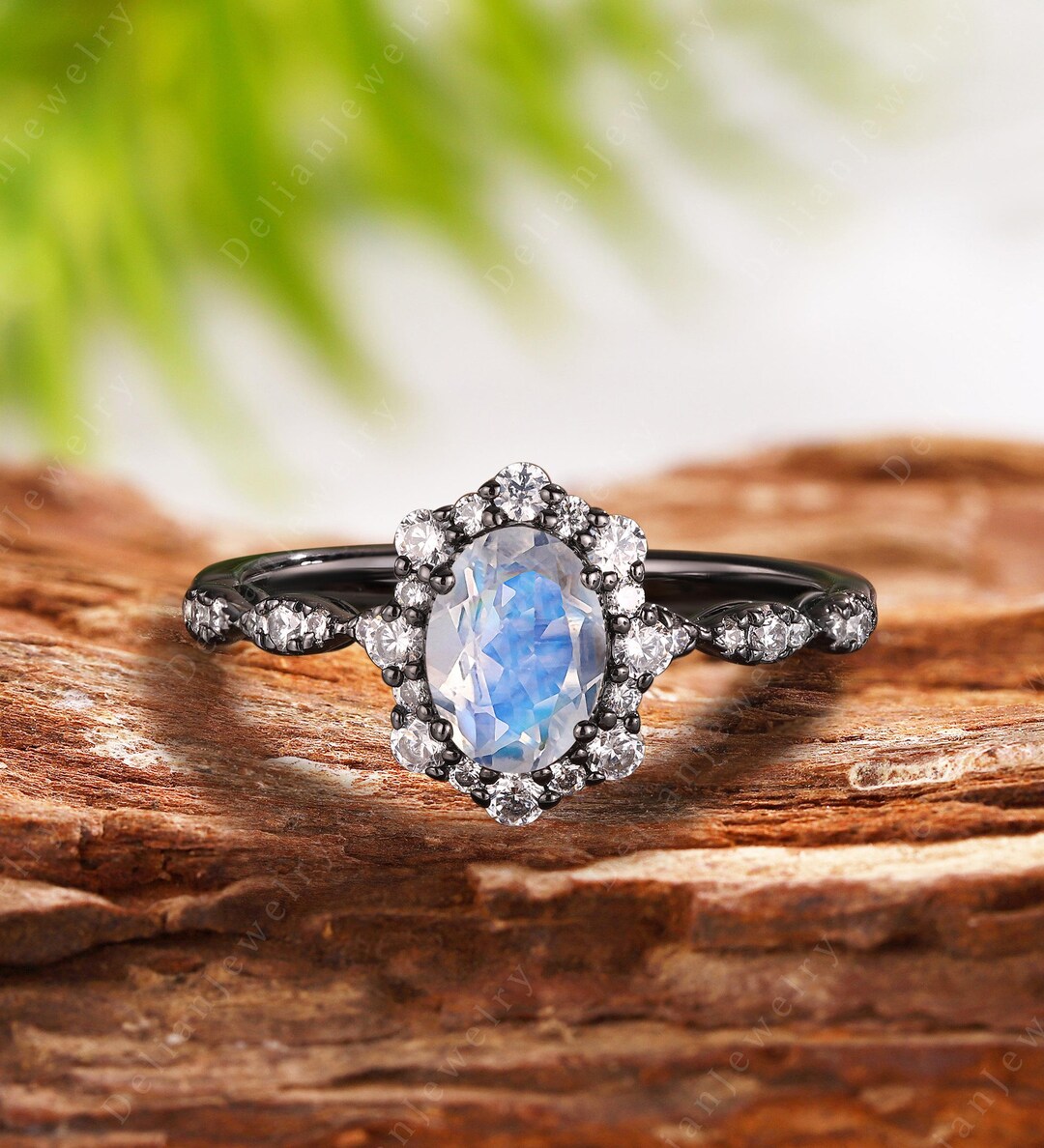 Vintage Oval Moonstone Engagement Ring, Gothic Black Gold Art Deco Halo ...