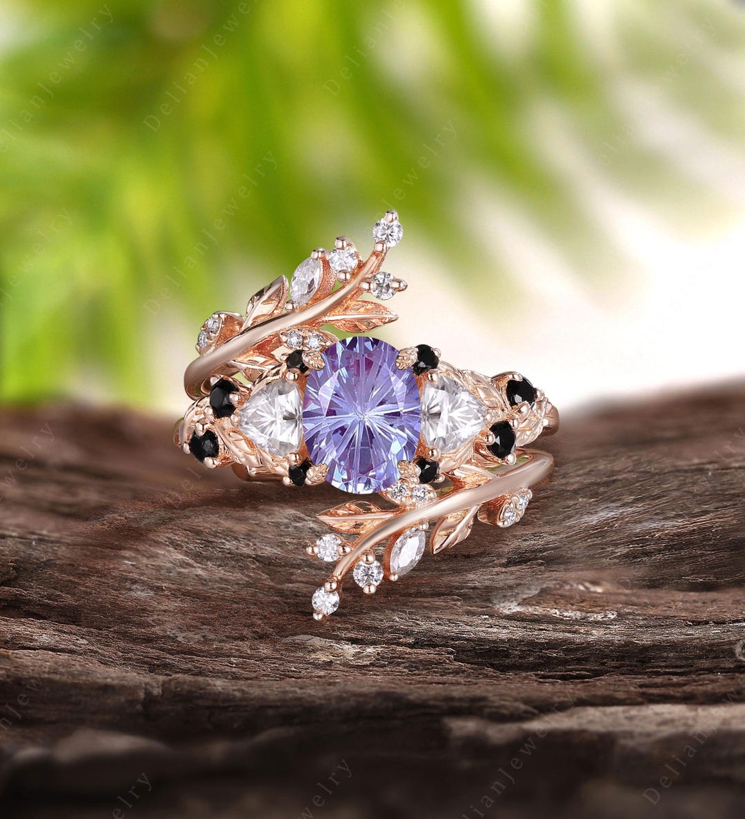 Firework Cut Alexandrite Engagement Ring Set Rose Gold Moissanite ...