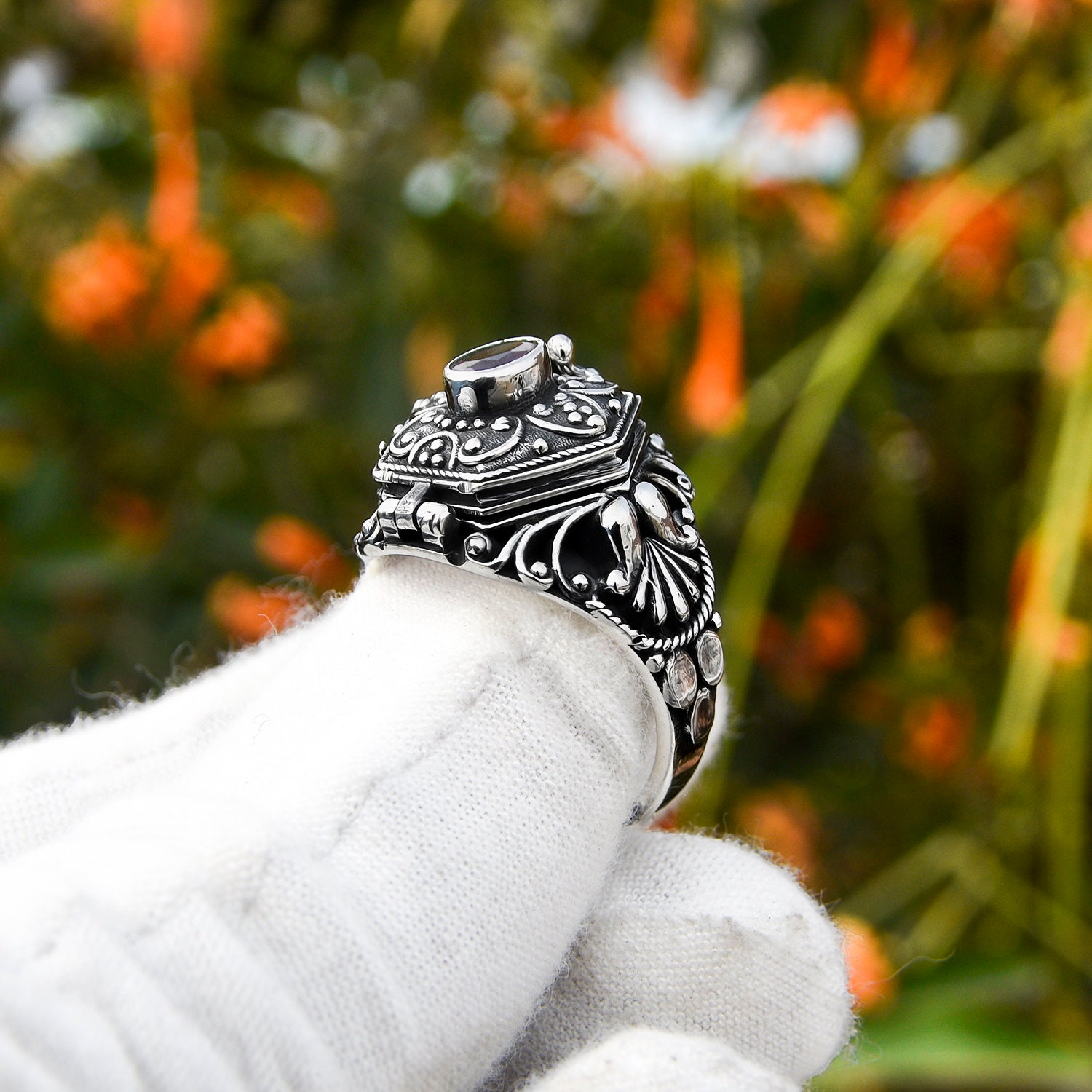 Poison Ring, Adjustable Ring, Black Onyx, Round Gemstone, Pill Box Ring ...