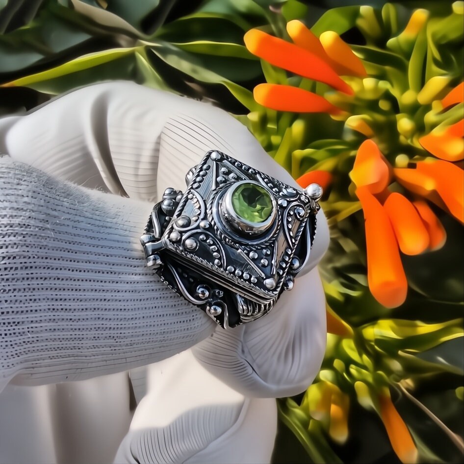 Poison Ring, Adjustable Ring, Black Onyx, Round Gemstone, Pill Box Ring ...