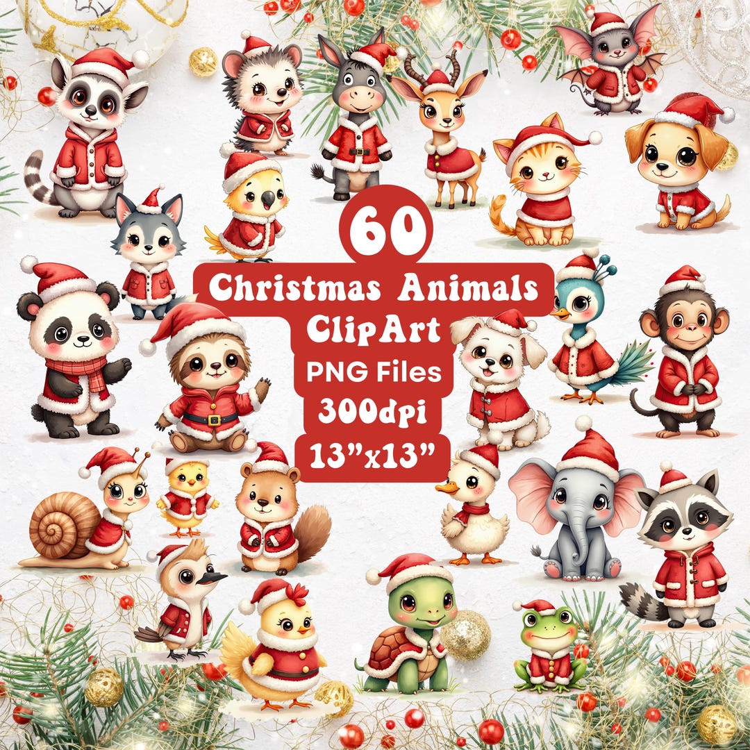 Christmas Animal Clipart Bundle: 60 Watercolor PNG Graphics (digital ...