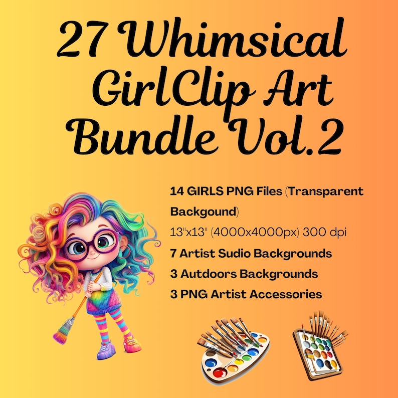 Whimsical Girl Clip Art Bundle: Colorful Kids Illustration (PNG Files ...