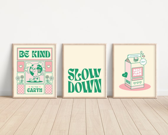 Retro Poster Set of 3 Pink Green Trendy Wall Decor Retro - Etsy