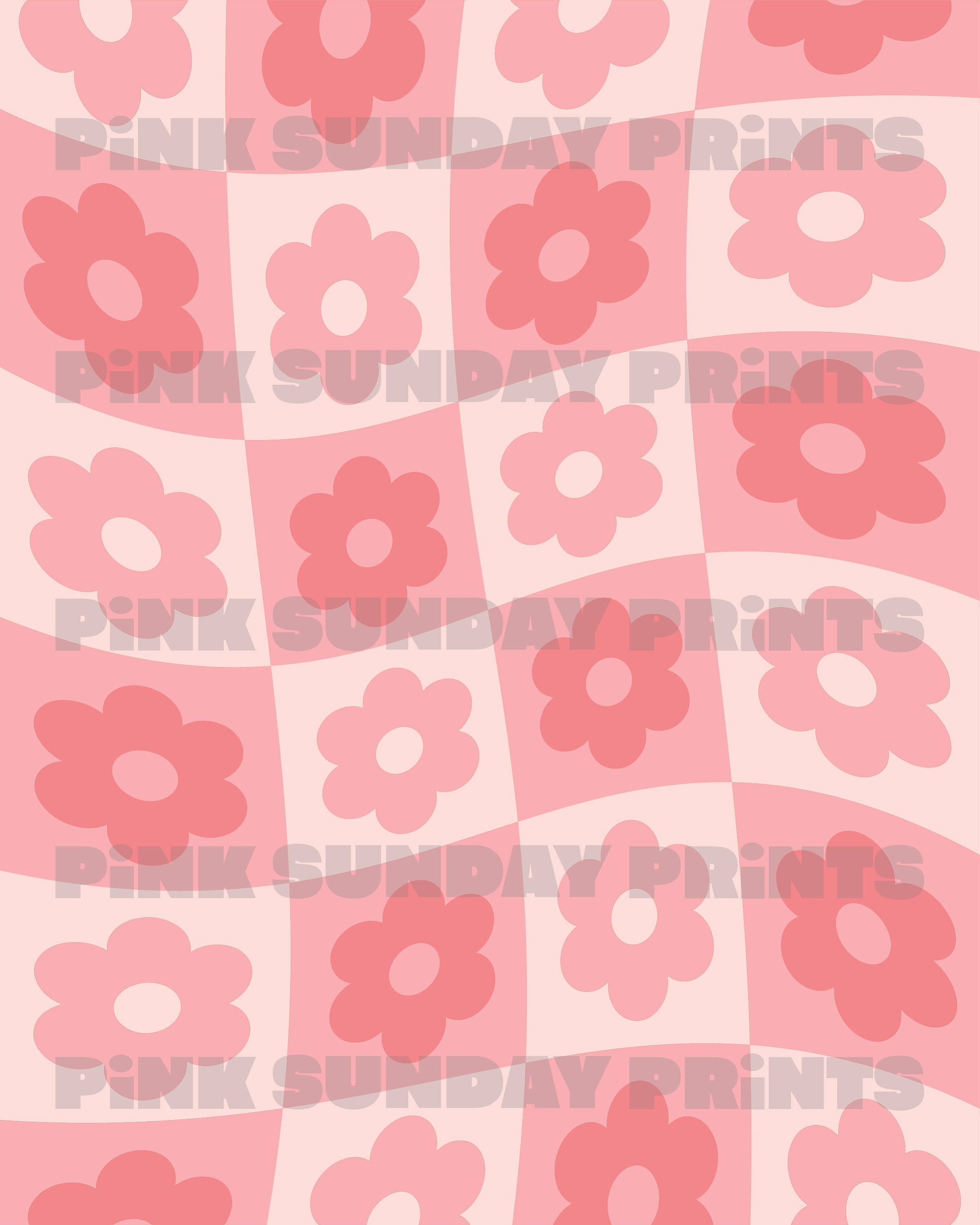 Retro Wavy Flower Print, Pink Checkerboard Flower Printable Wall Art ...
