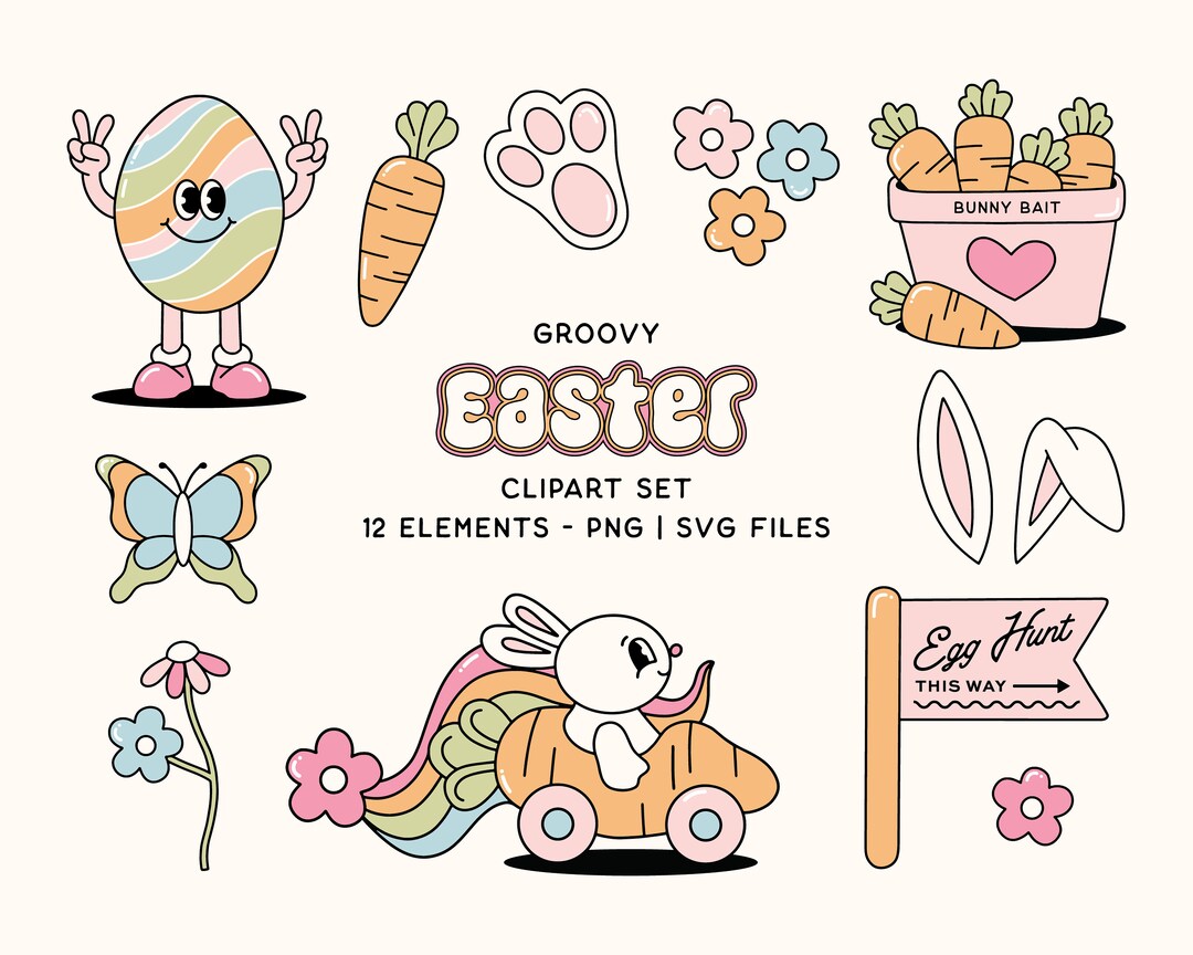 Groovy Easter SVG Bundle, Easter Bunny, Trendy Easter Egg, Retro Easter ...