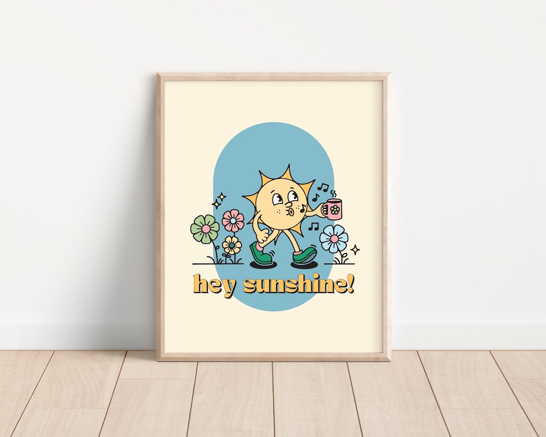 Retro Wall Print Sun Character, Hey Sunshine Wall Decor, Trendy 70's ...