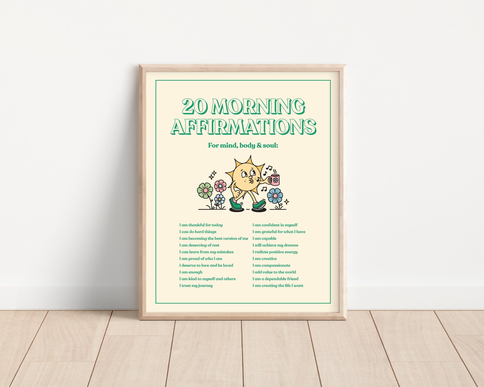 Morning Affirmations Wall Print, Daily Positive Affirmations, Retro Sun ...