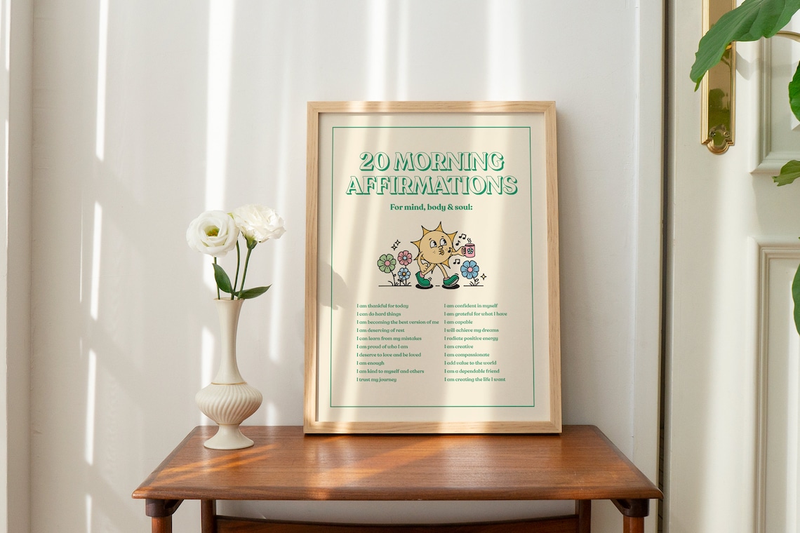 Morning Affirmations Wall Print, Daily Positive Affirmations, Retro Sun ...