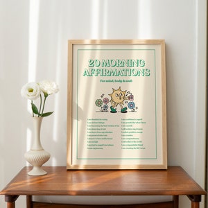Morning Affirmations Wall Print, Daily Positive Affirmations, Retro Sun ...