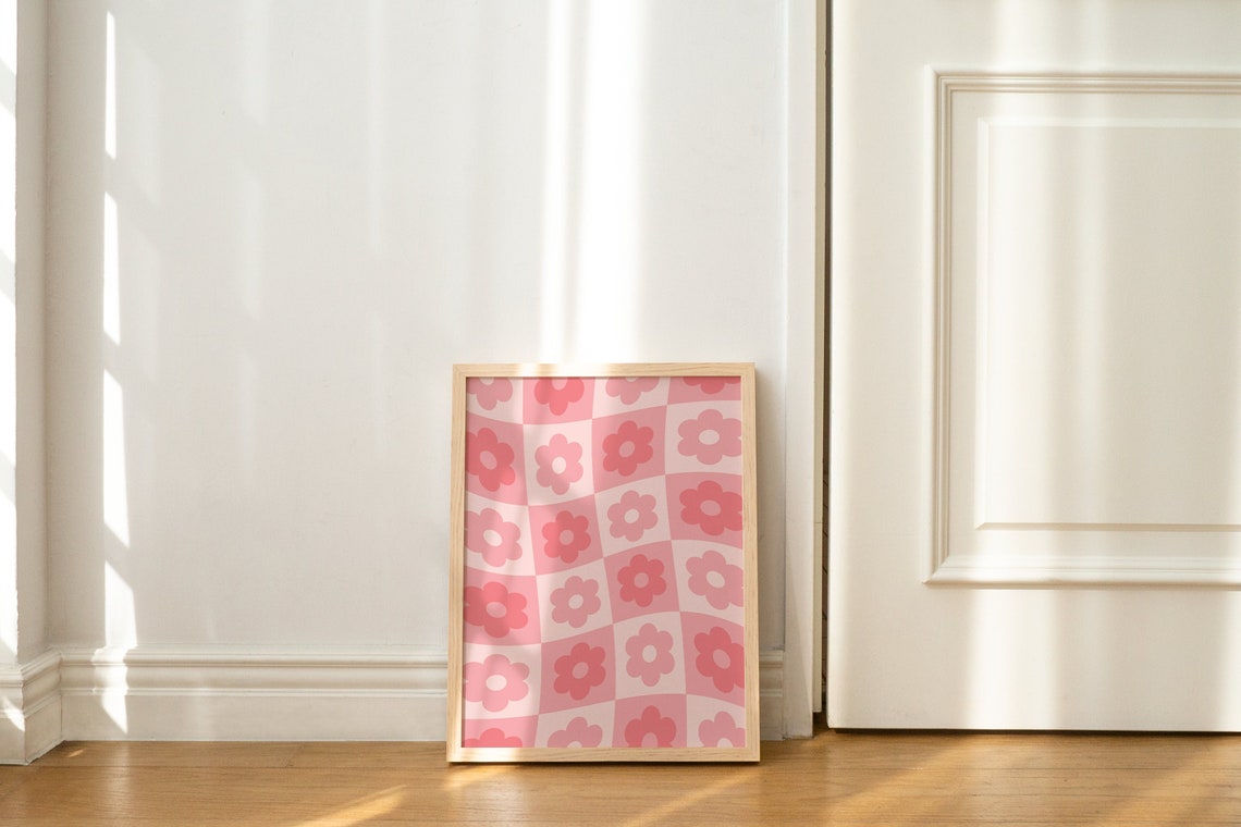 Retro Wavy Flower Print, Pink Checkerboard Flower Printable Wall Art ...
