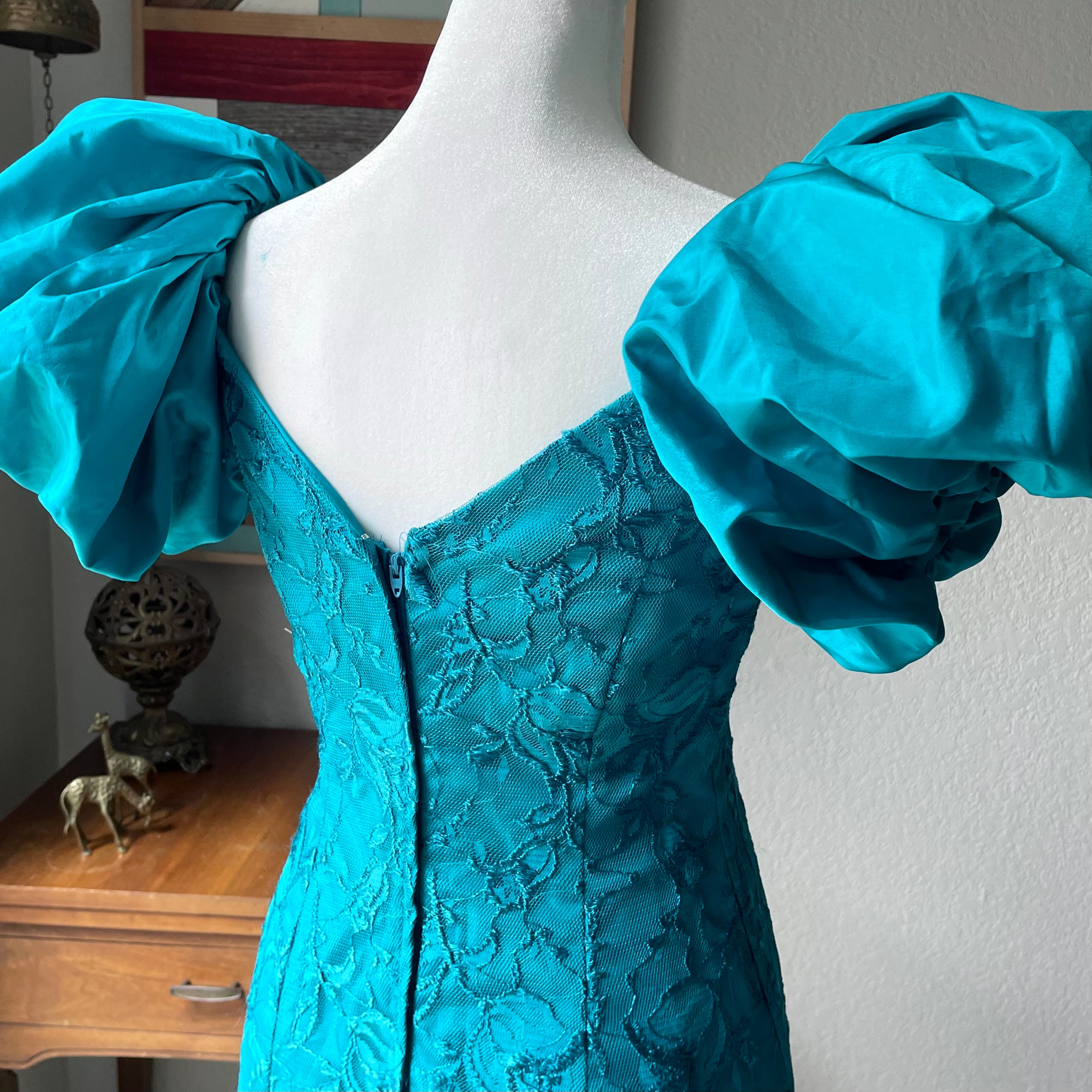 80s Lace Mermaid Turquoise Puff Sleeve Prom Dress - Etsy