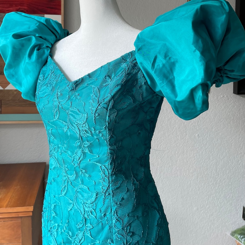 80s Lace Mermaid Turquoise Puff Sleeve Prom Dress - Etsy