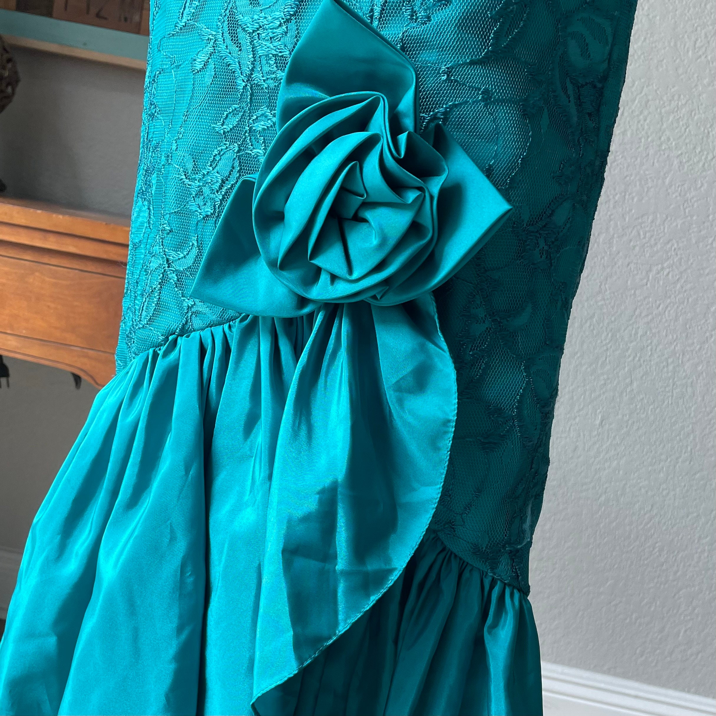 80s Lace Mermaid Turquoise Puff Sleeve Prom Dress - Etsy