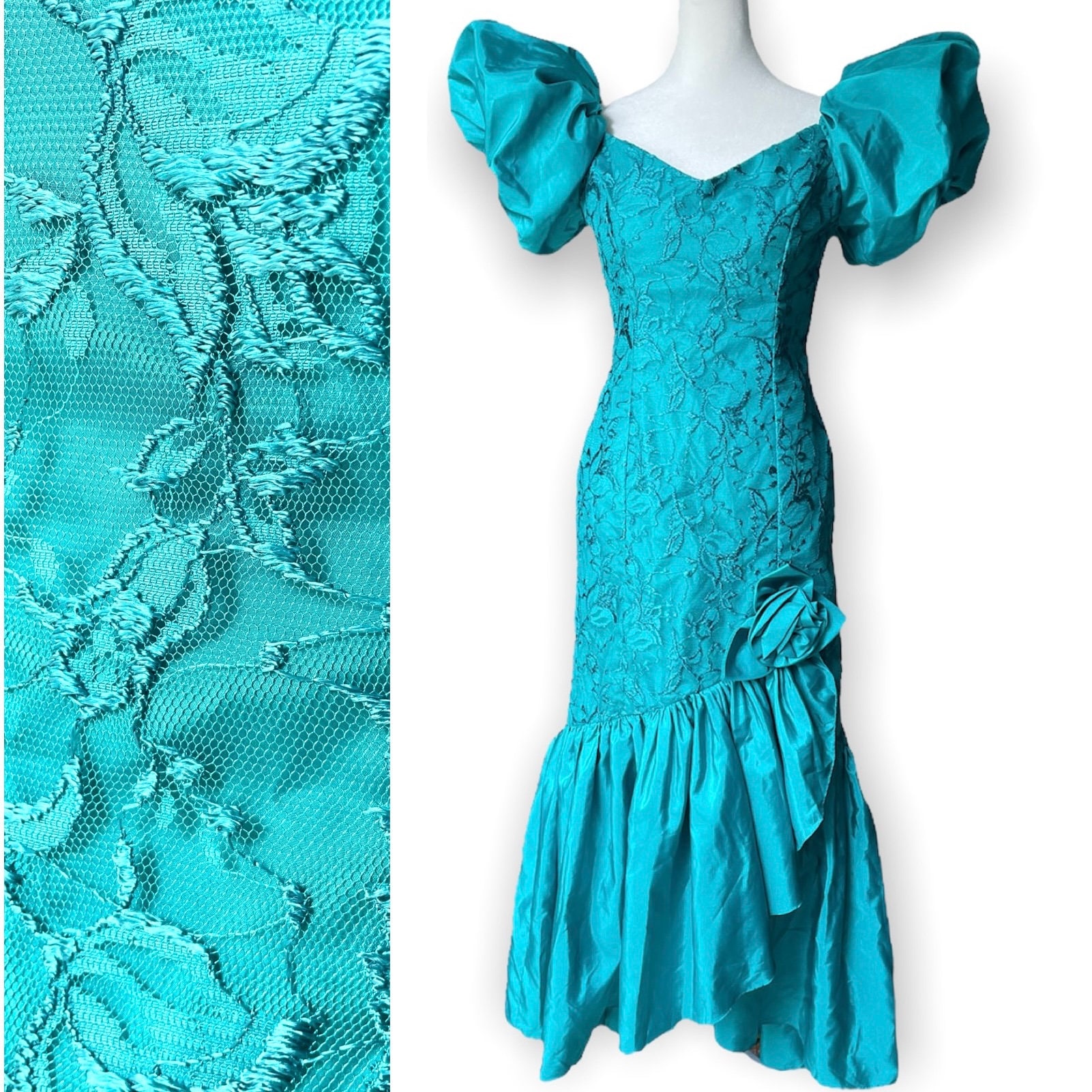 80s Lace Mermaid Turquoise Puff Sleeve Prom Dress - Etsy