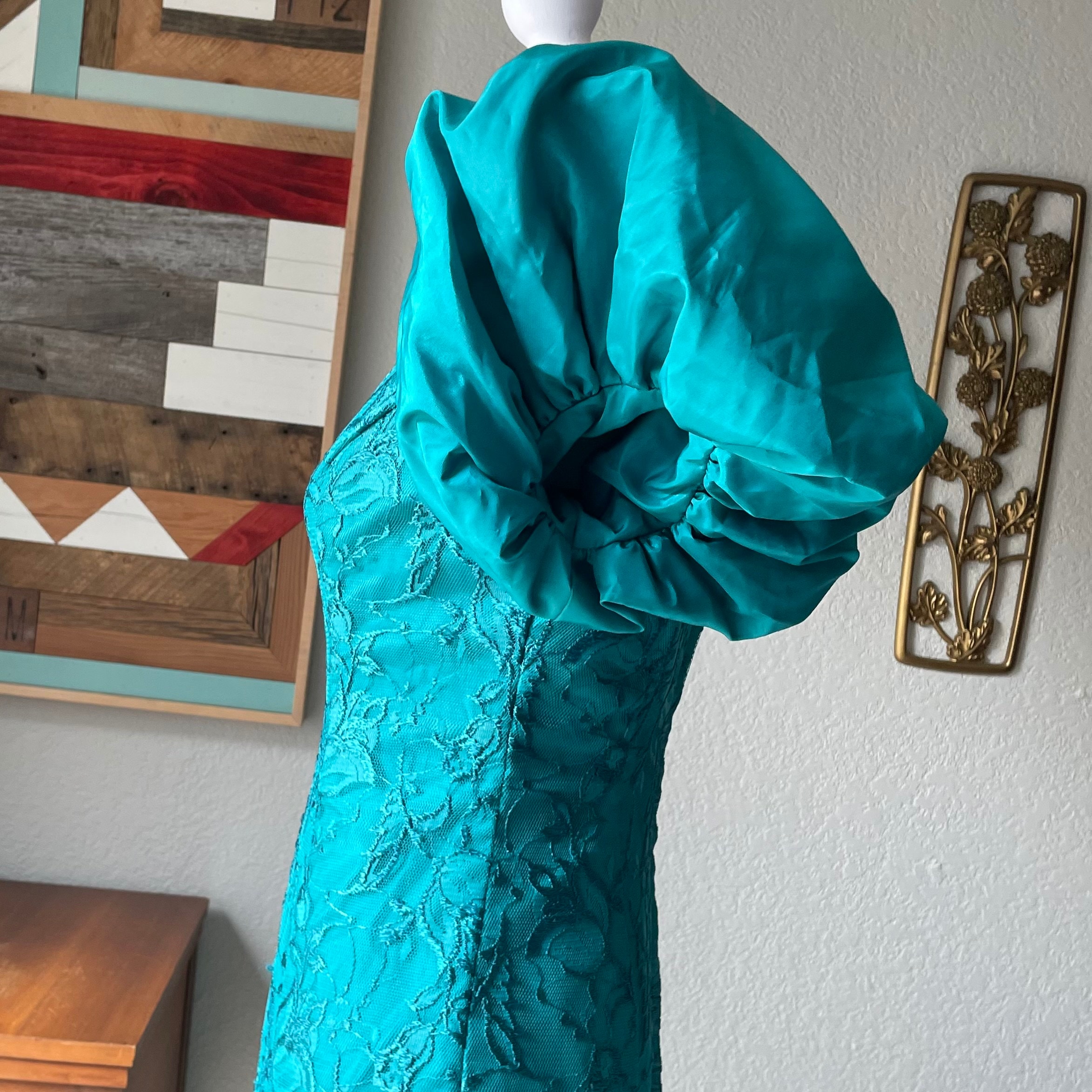 80s Lace Mermaid Turquoise Puff Sleeve Prom Dress - Etsy