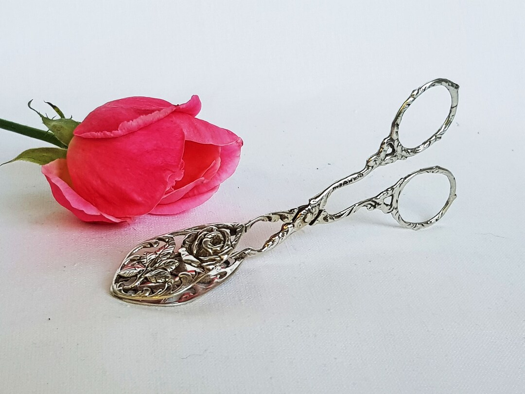 Sterling silver serving tongs, Sweden. Scissor tongs with rose pattern ...
