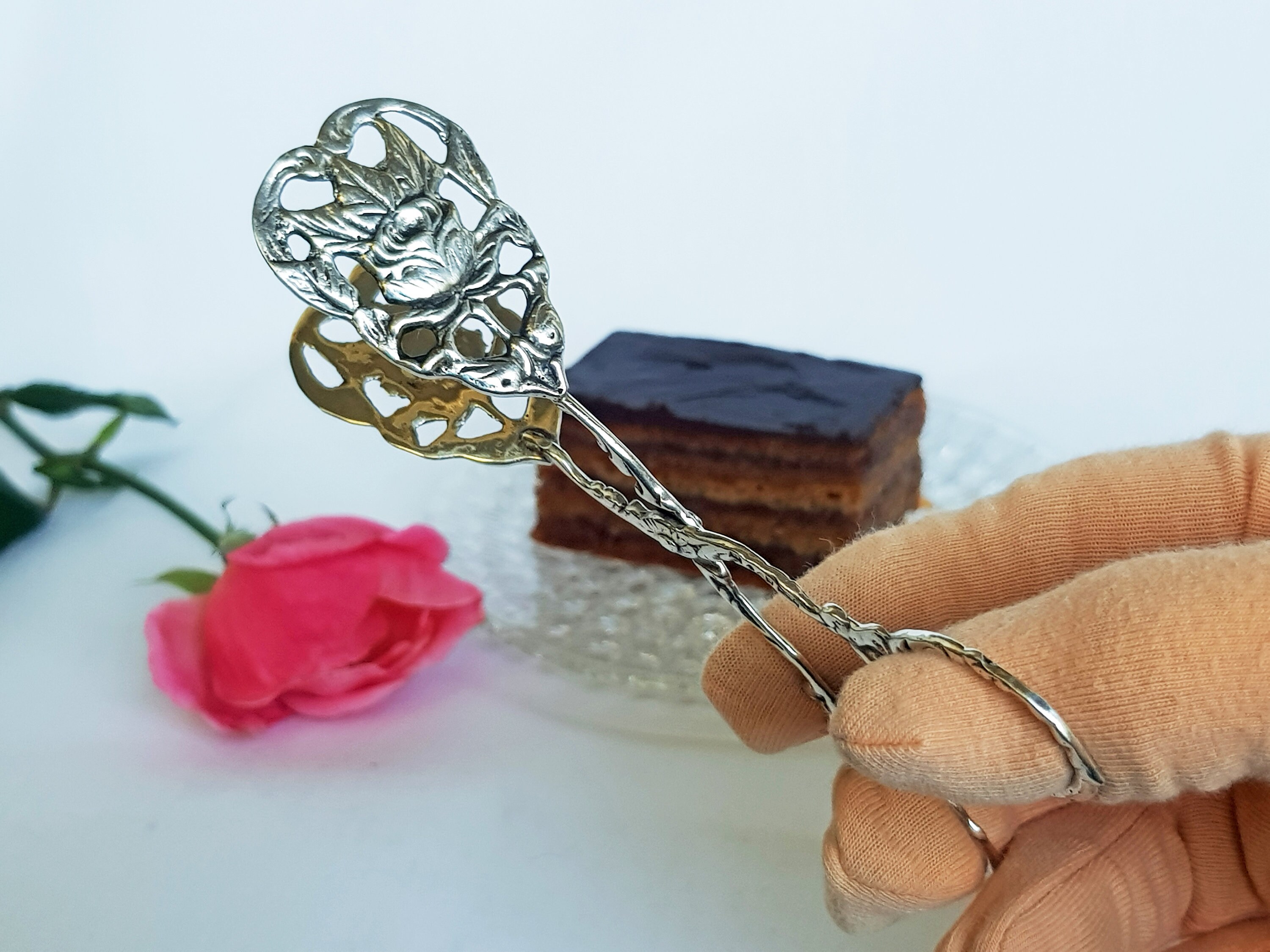 Sterling silver serving tongs with rose pattern. Scissor - Etsy 日本