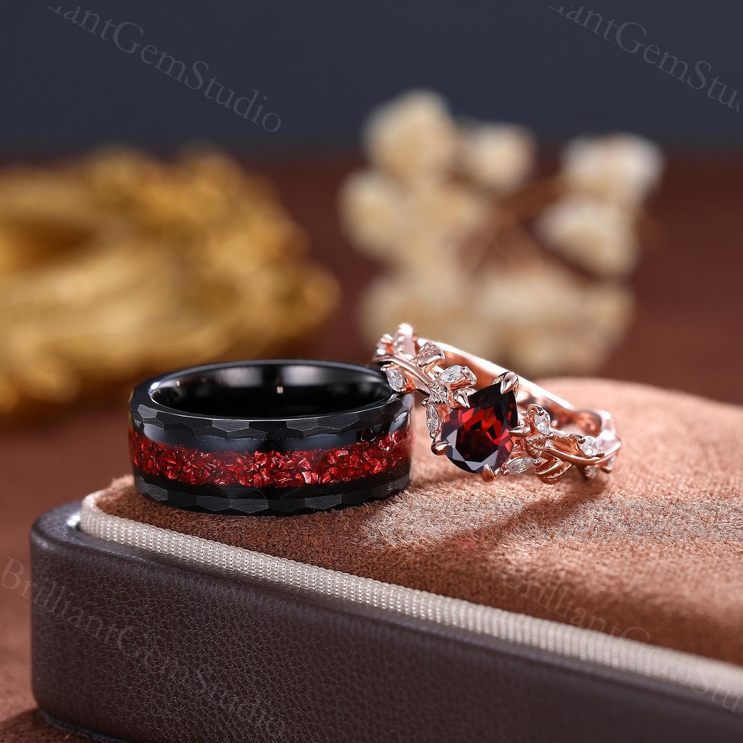 Natural Red Garnet Couples Ring Set His and Hers Matching Wedding Band ...