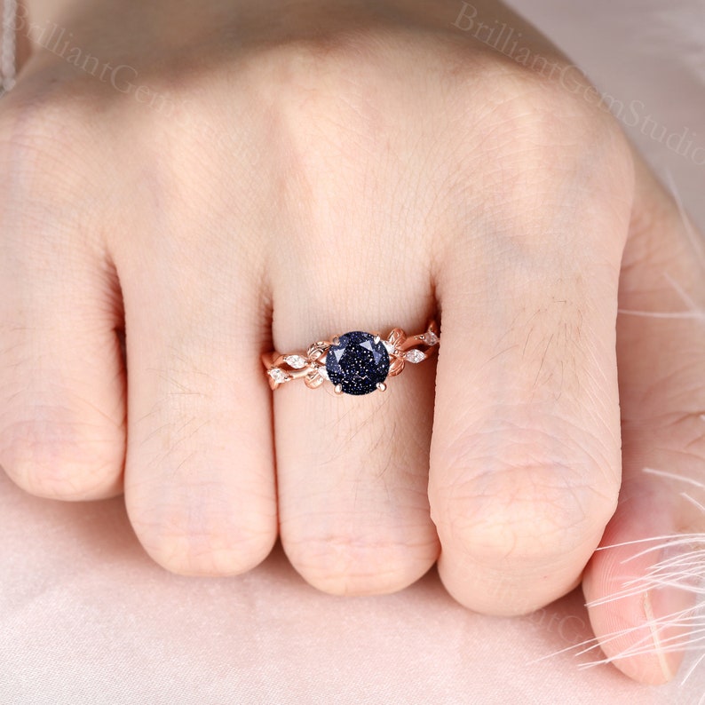 Blue Sandstone Engagement Ring: Rose Gold Leaf Branch, Moissanite Art ...