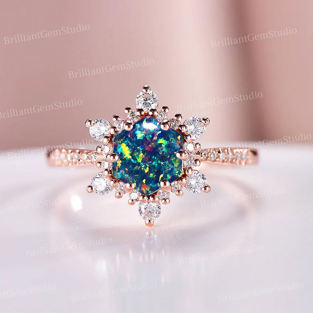 Hexagon Black Fire Opal Engagement Ring Rose Gold Nature Inspired Snowflake Diamond Ring Women ...