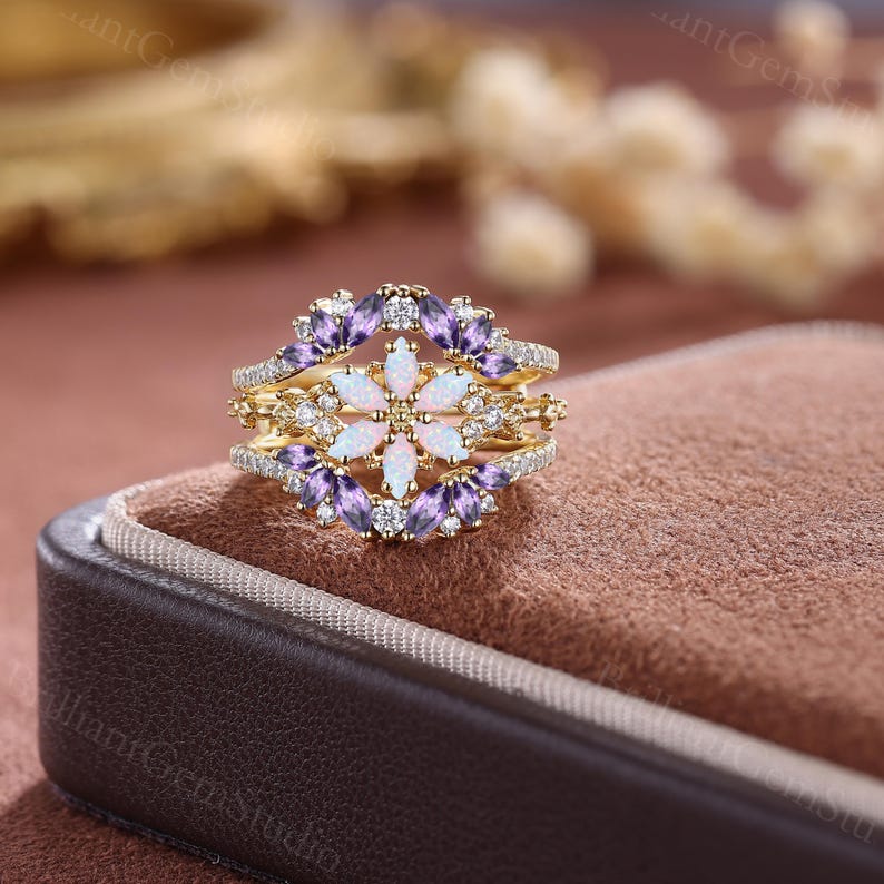 Antique Marquise Opal Engagement Ring Set, Yellow Gold Amethyst Opal ...