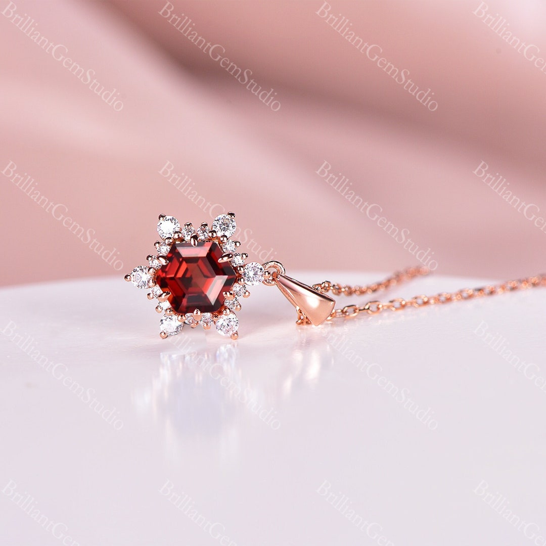 Vintage Snowflake Ruby Pendant Necklace 14K Unique Retro Hexagon Lab ...