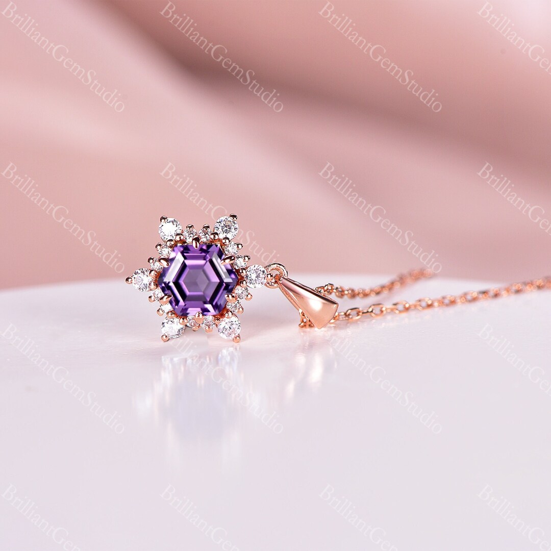 Hexagon Amethyst Snowflake Pendant: 14k Rose Gold Birthstone Necklace ...