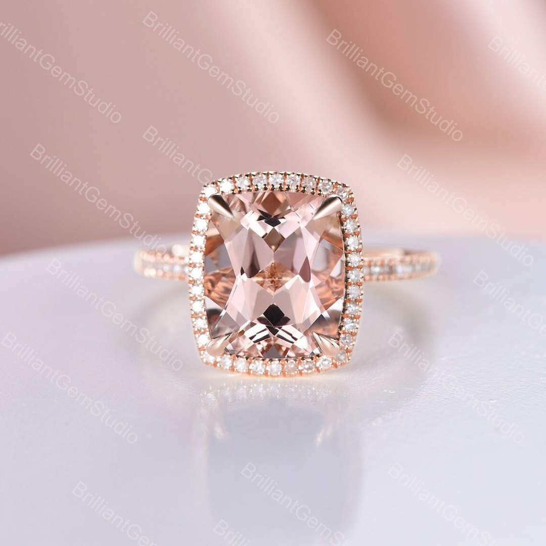 10mm Cushion Cut Morganite Engagement Ring Rose Gold Morganite Wedding Ring Pink Gemstone Art ...
