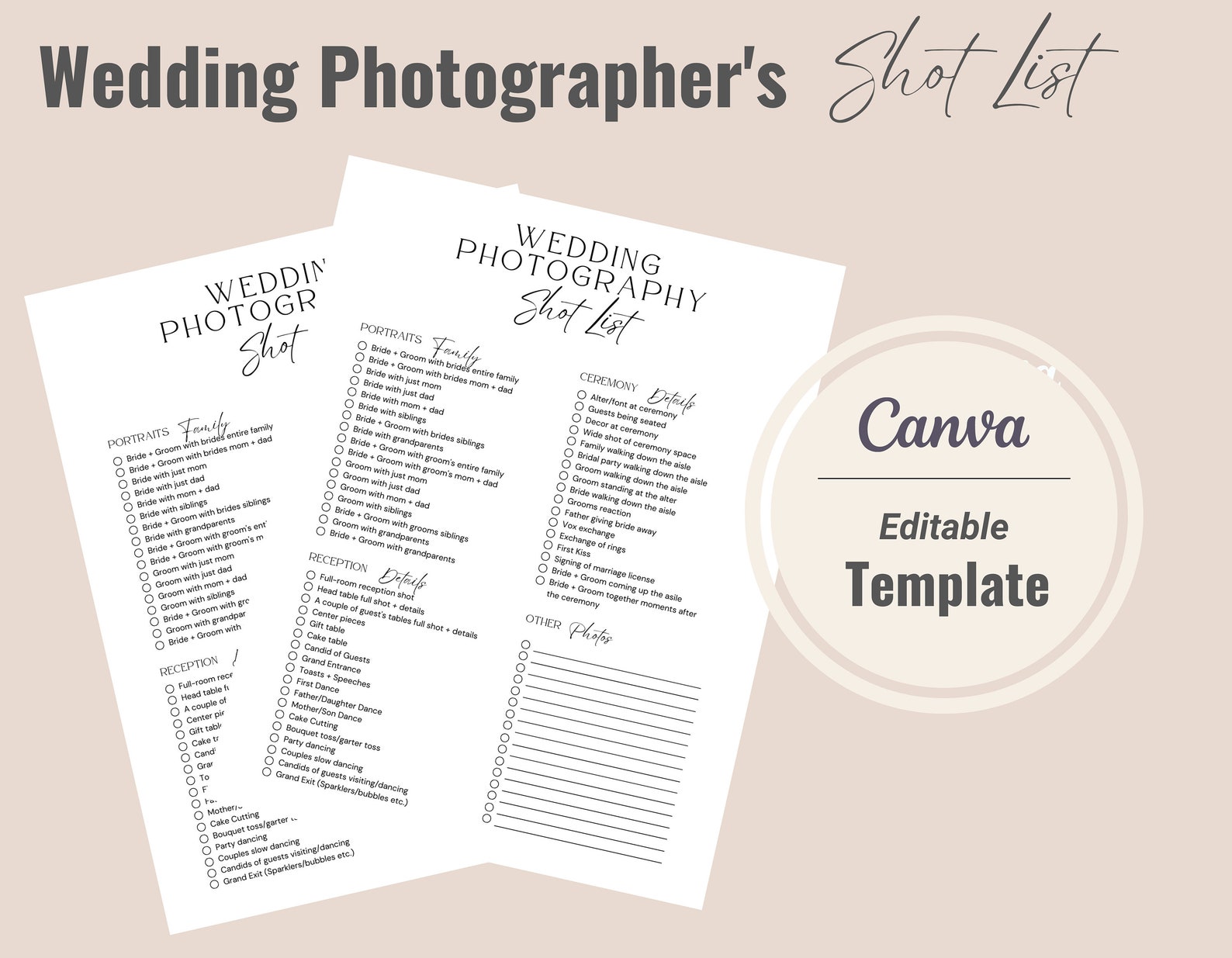 Editable Wedding Photo Shot List, Wedding Photography Shot List Template, Wedding Shot List ...