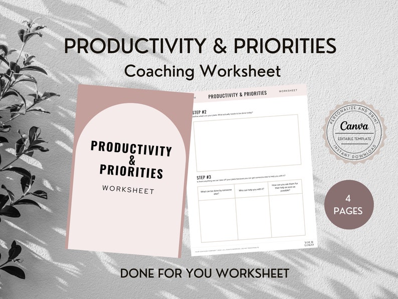 Productivity & Priorities Worksheet Template Time Management, Coaching ...