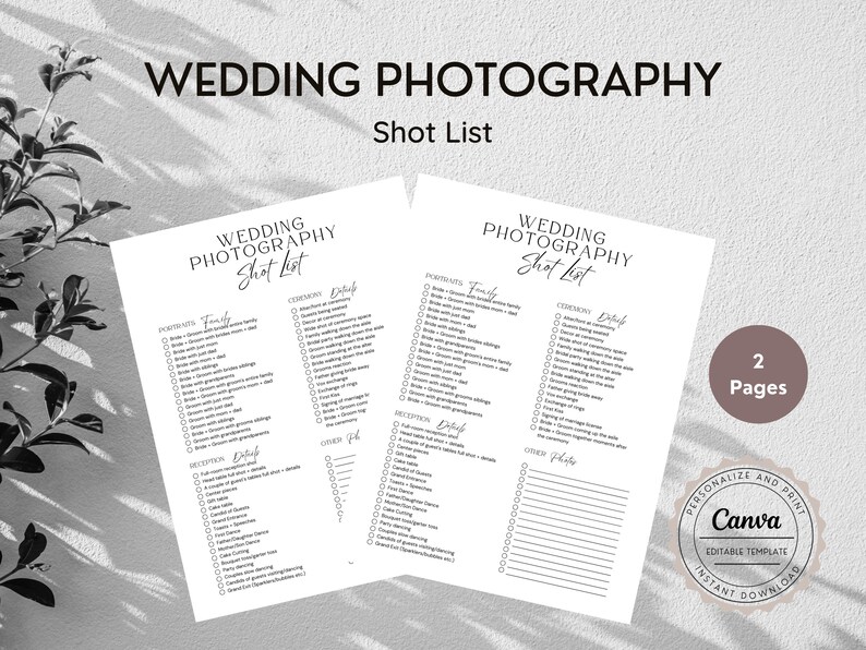 Wedding Shot List Printable, Wedding Photography Shot List Template ...
